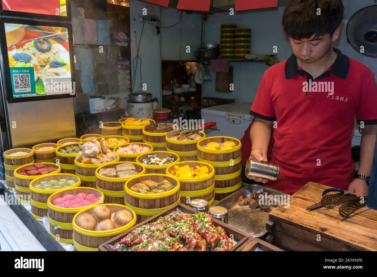 Shanghai, CHina, Chinese Cook Preparing Steamed Street Food, Dumplings ...