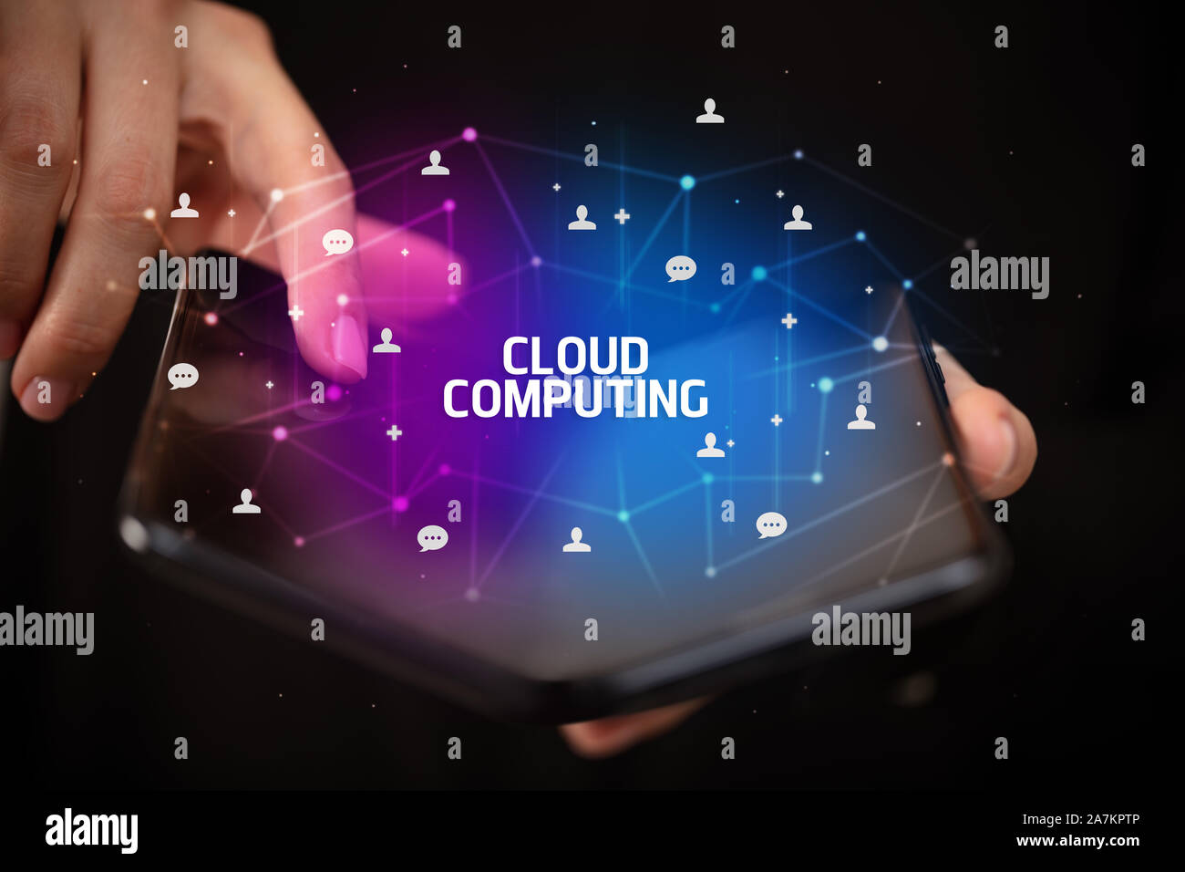 Businessman holding a foldable smartphone with CLOUD COMPUTING ...