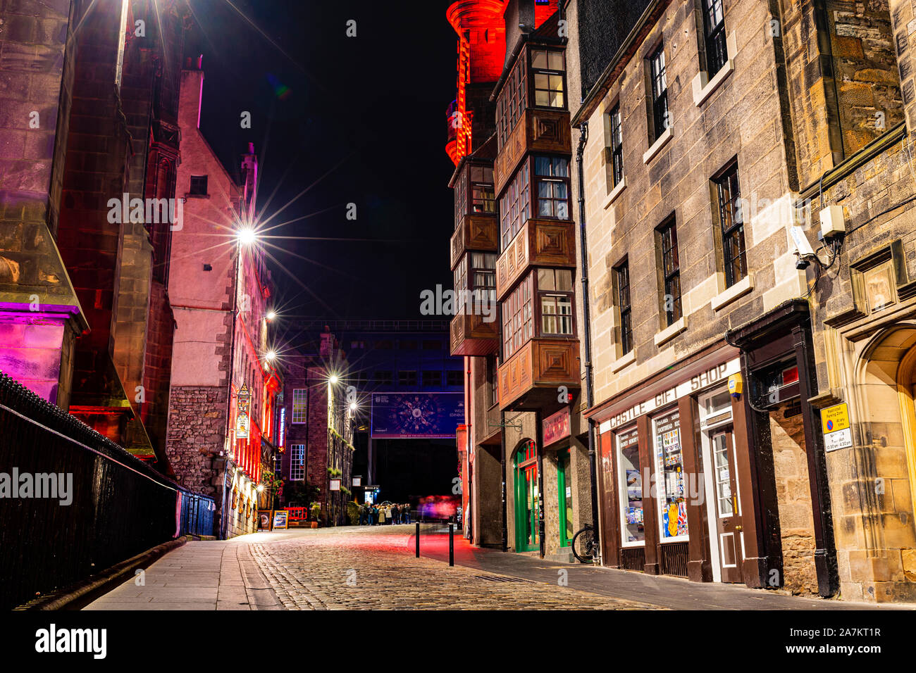 Night Scene: Edinburgh’s Famous Castlehill, Buildings and Street ...