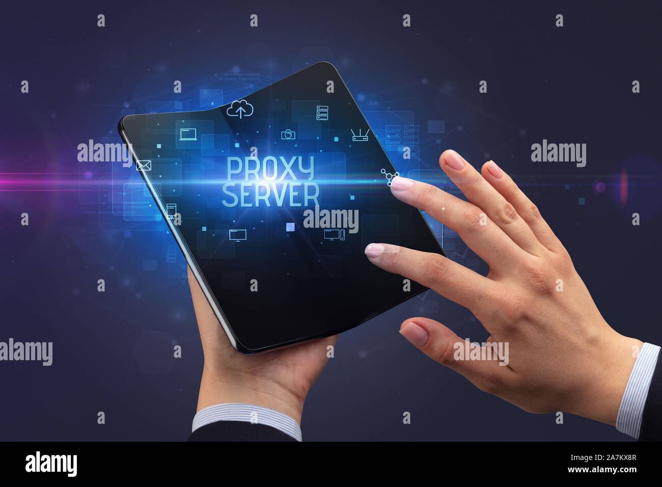 Businessman holding a foldable smartphone with PROXY SERVER inscription ...