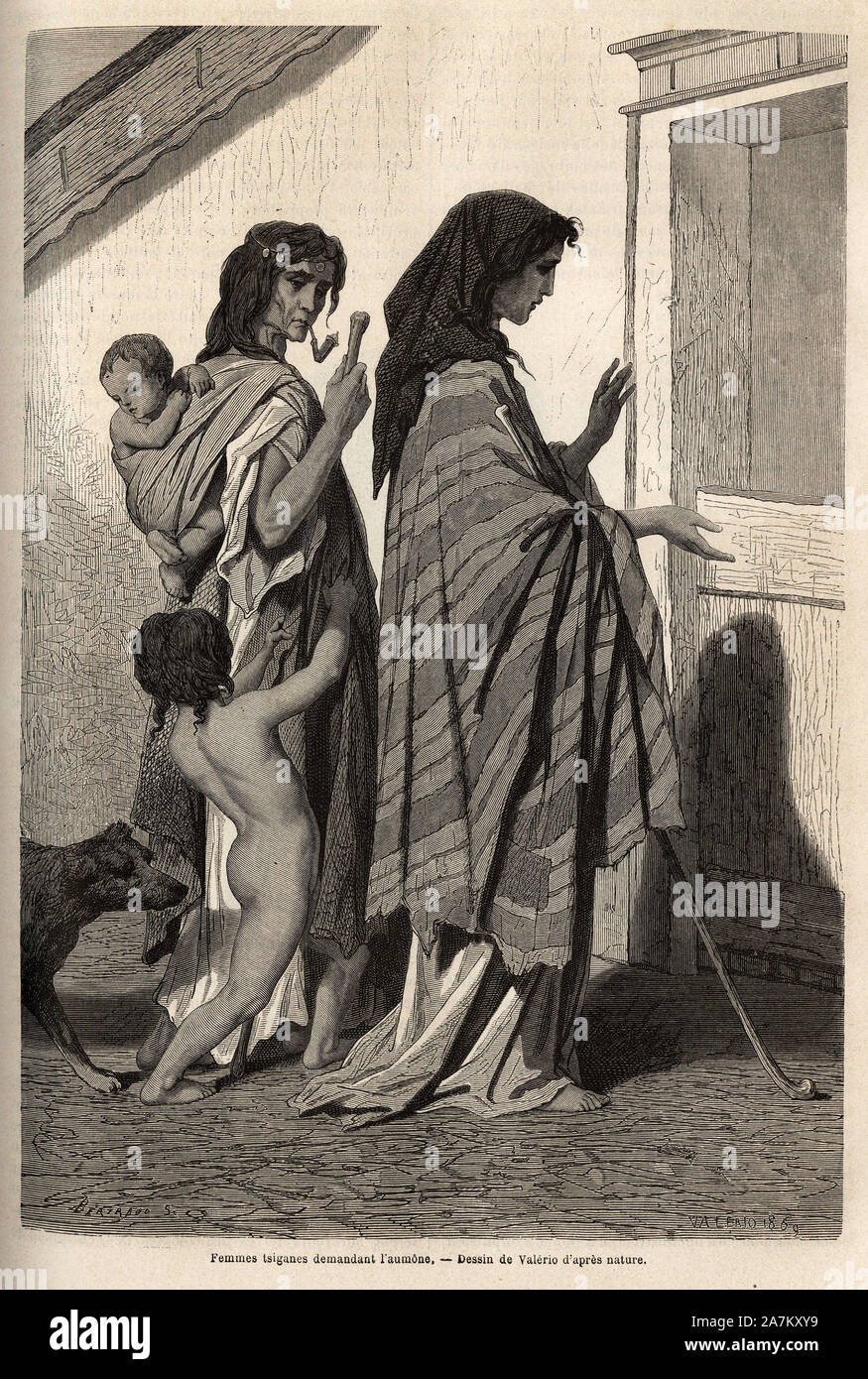 Femmes et enfants tsiganes, en haillons ou a demi nu, demandant l ...