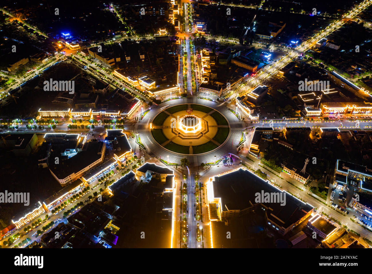 An aerial night view of roads and streets in Tekes county, Ili Kazakh ...