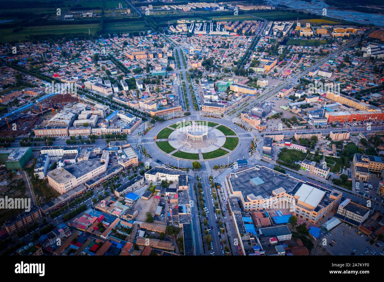 An aerial view of roads and streets in Tekes county, Ili Kazakh ...