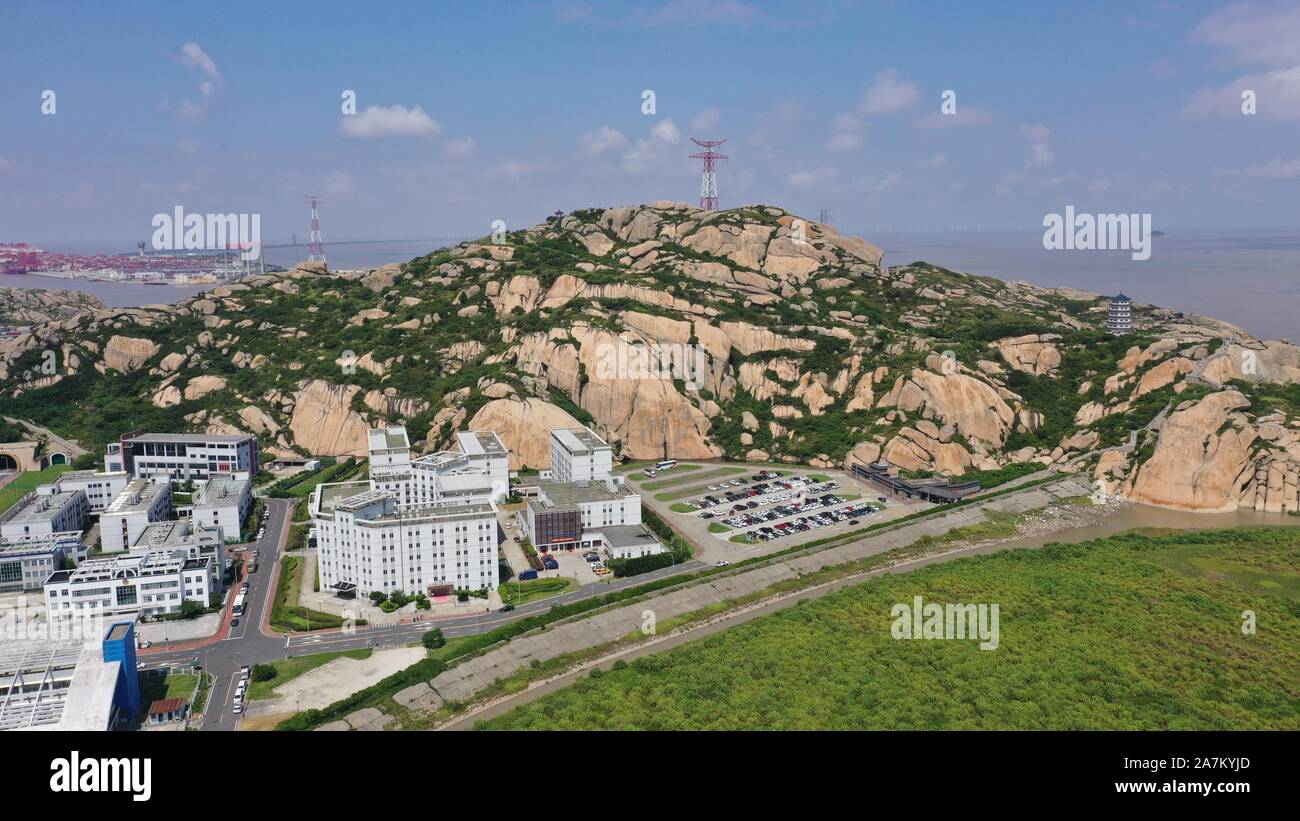 An aerial view of seacoast and harbor at Yangshan Port, a deep water ...