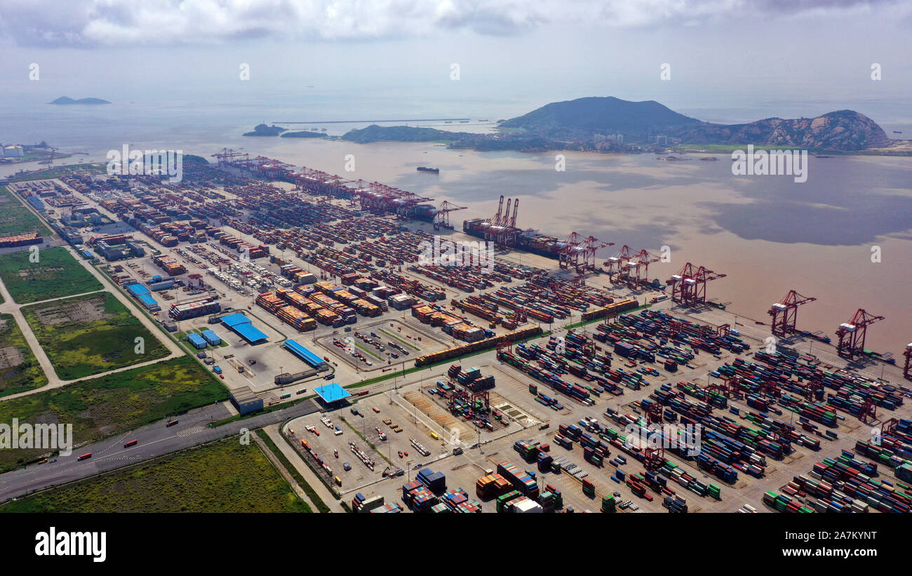 An aerial view of containers stored at Yangshan Port, a deep water port ...