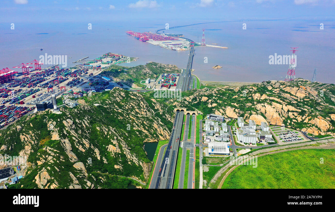 An aerial view of seacoast and harbor at Yangshan Port, a deep water ...