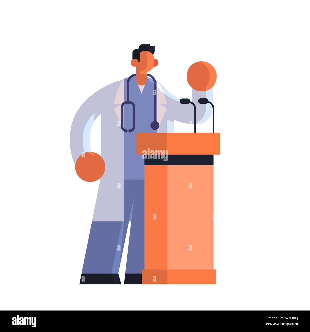 male doctor in white coat giving speech from tribune with microphones ...