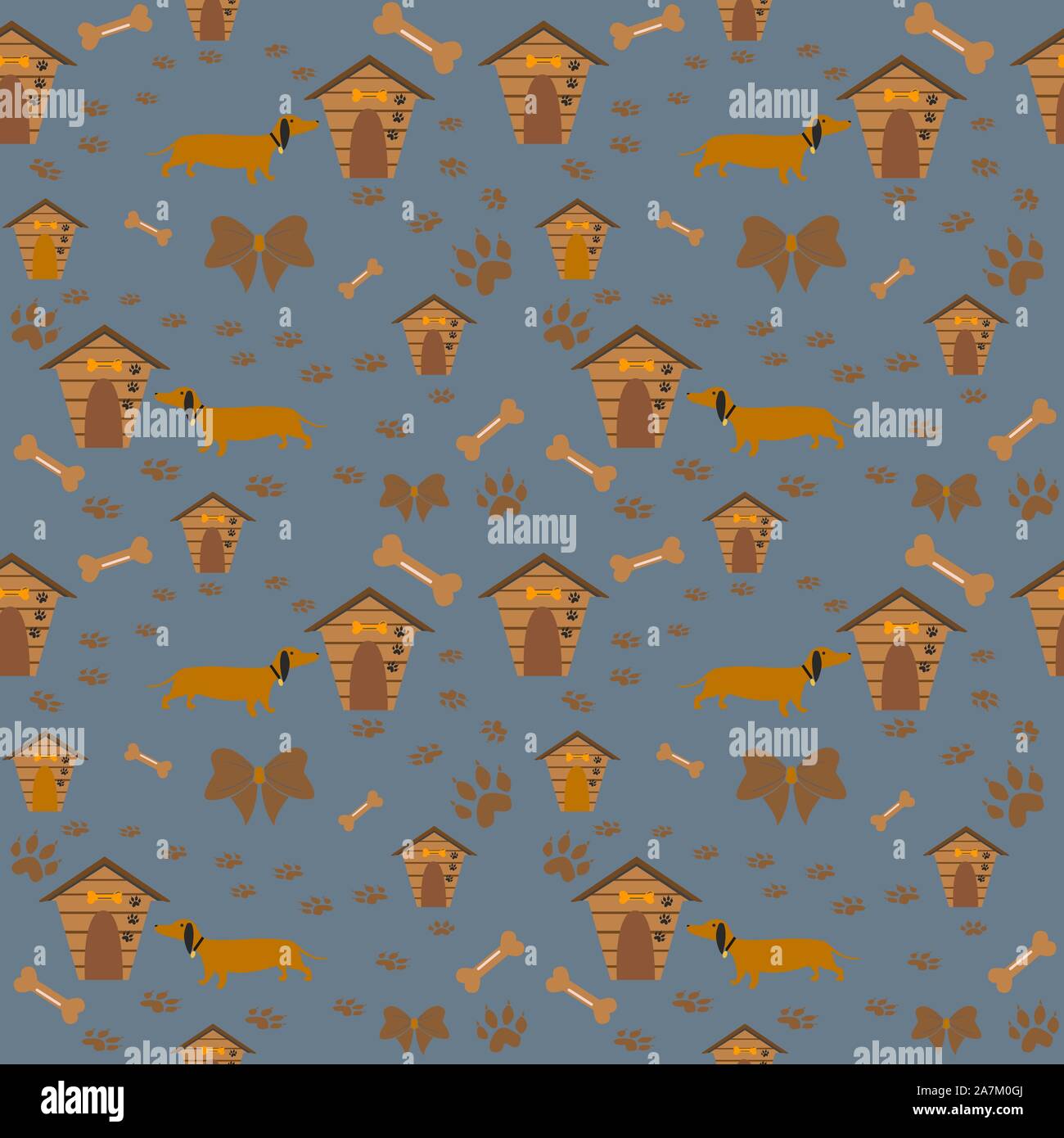 Seamless dachshund Dog Pattern with paws and dog houses. Vector ...