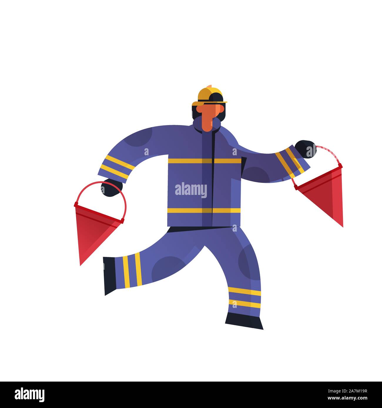 brave fireman holding red buckets firefighter wearing uniform and ...