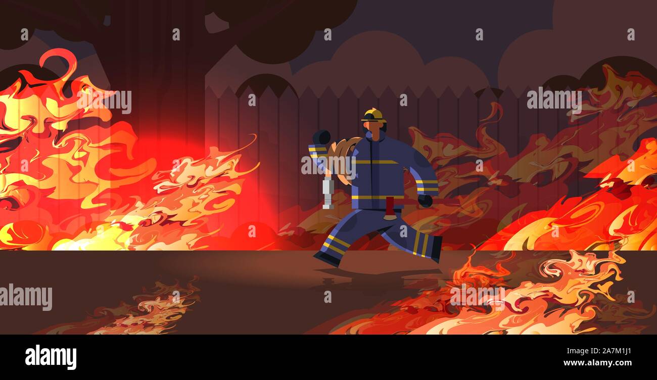 fireman carrying hose extinguishing flame in burning house backyard ...