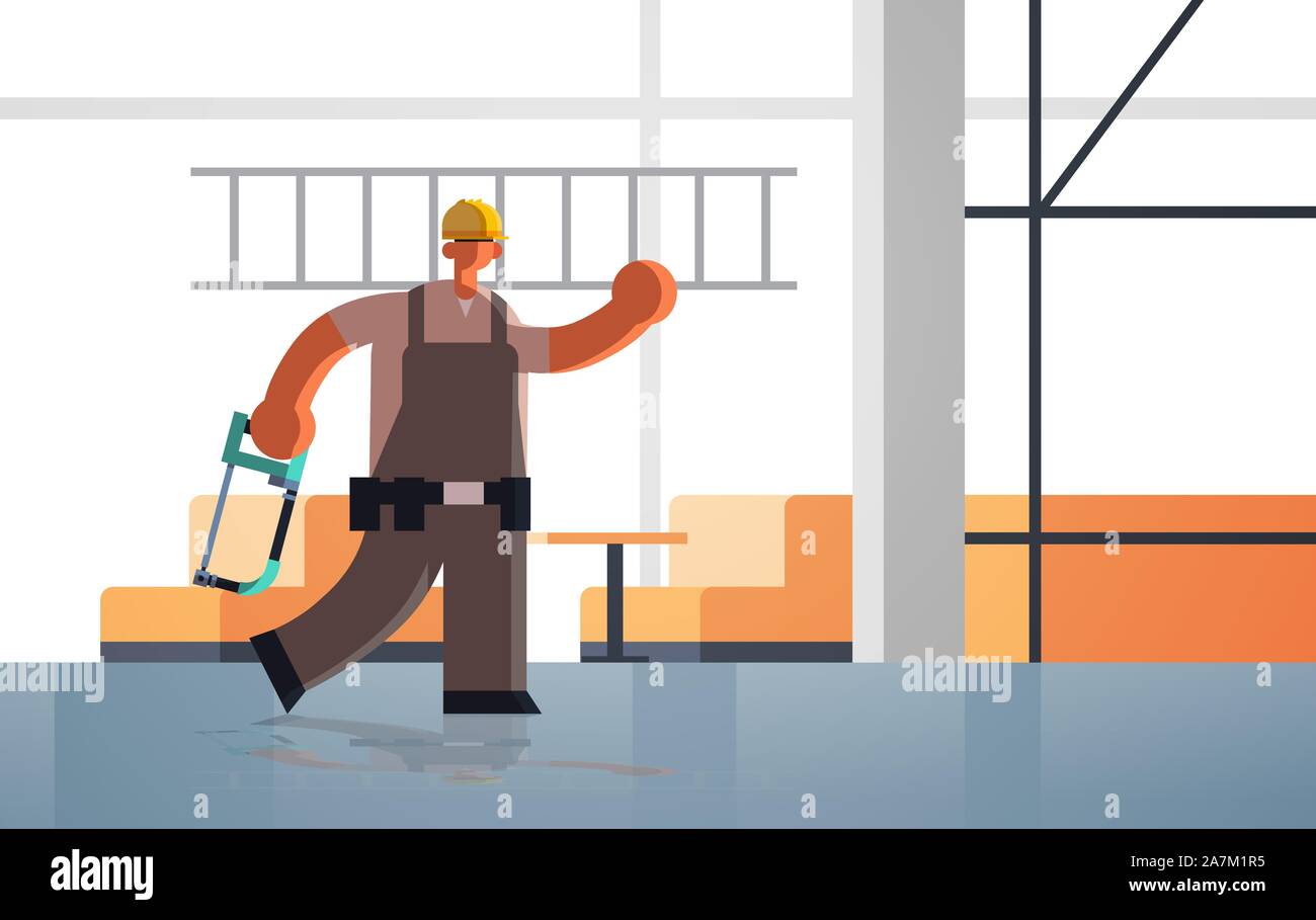 male builder carrying ladder and hacksaw busy workman industrial worker ...