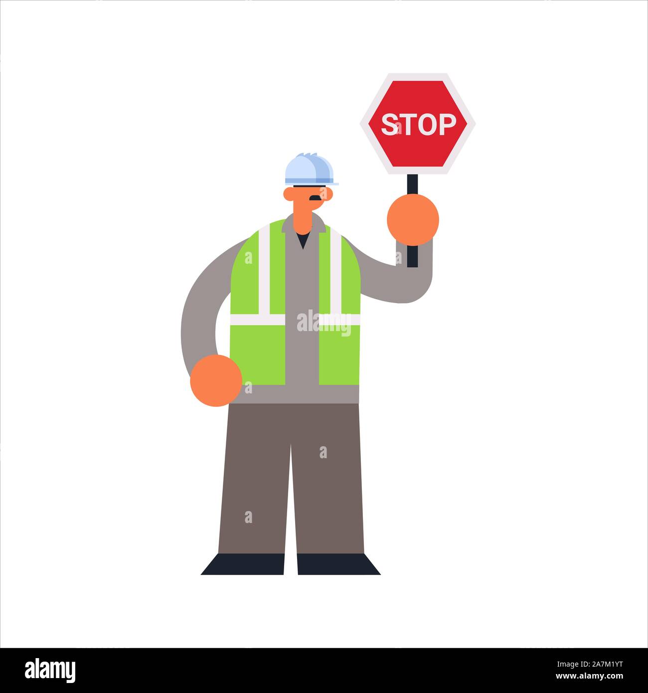 male builder holding stop sign closing or blocking way busy workman ...