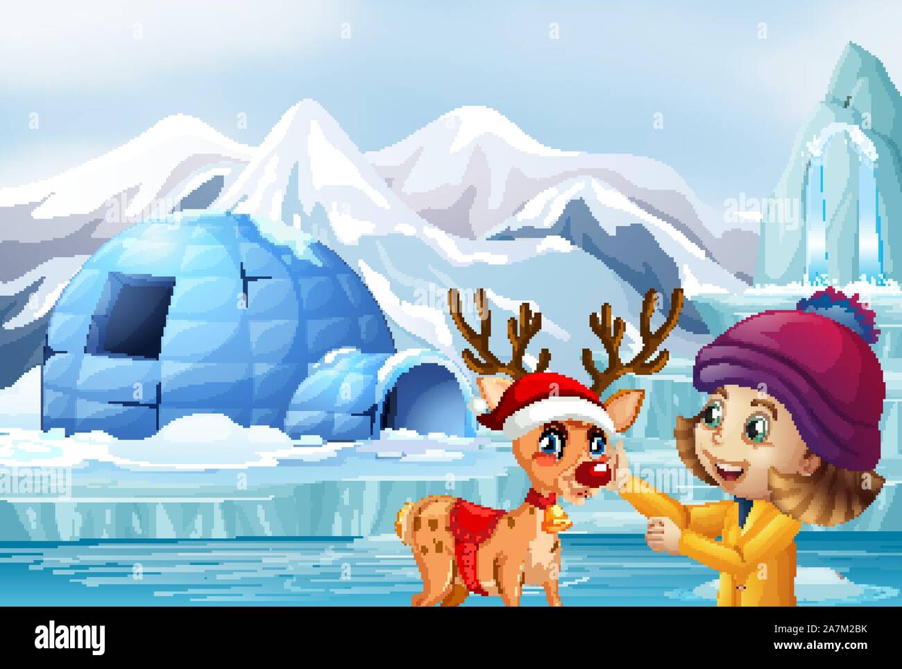 Christmas scene with reindeer and girl illustration Stock Vector Image ...