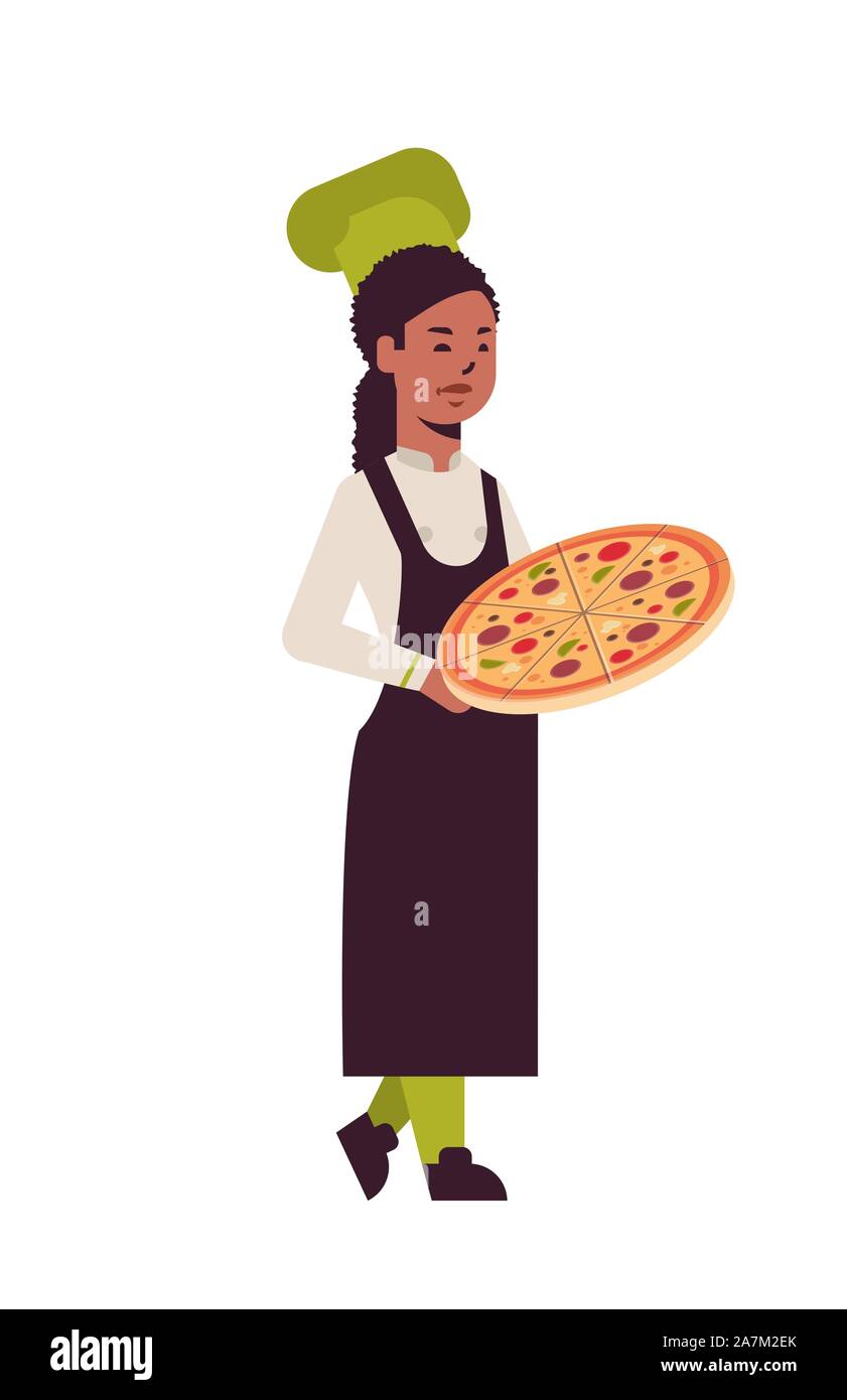 female professional chef cook holding tray with fresh pizza african ...