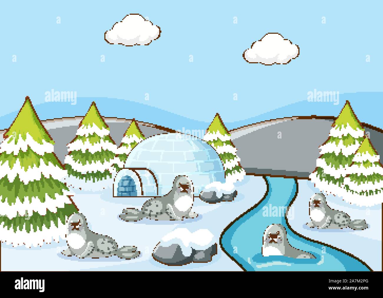 Scene with seals and igloo by the river illustration Stock Vector Image ...