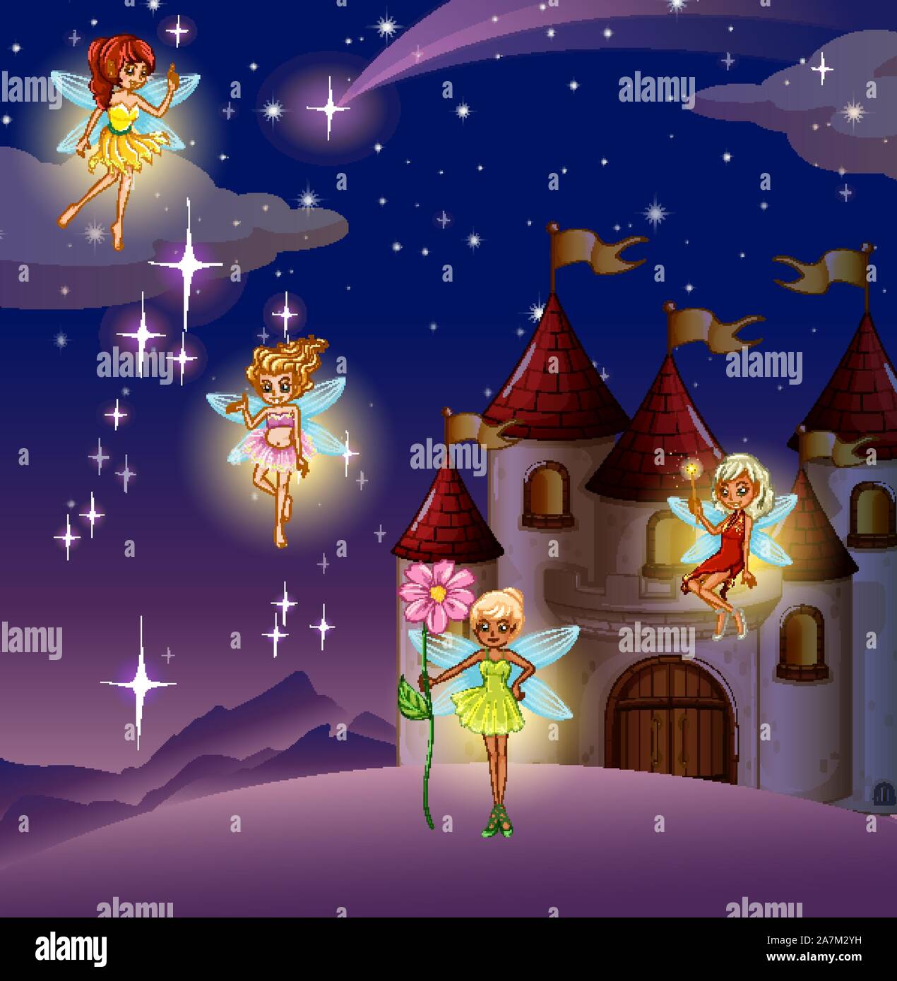 Background scene of castle with fairies flying illustration Stock ...