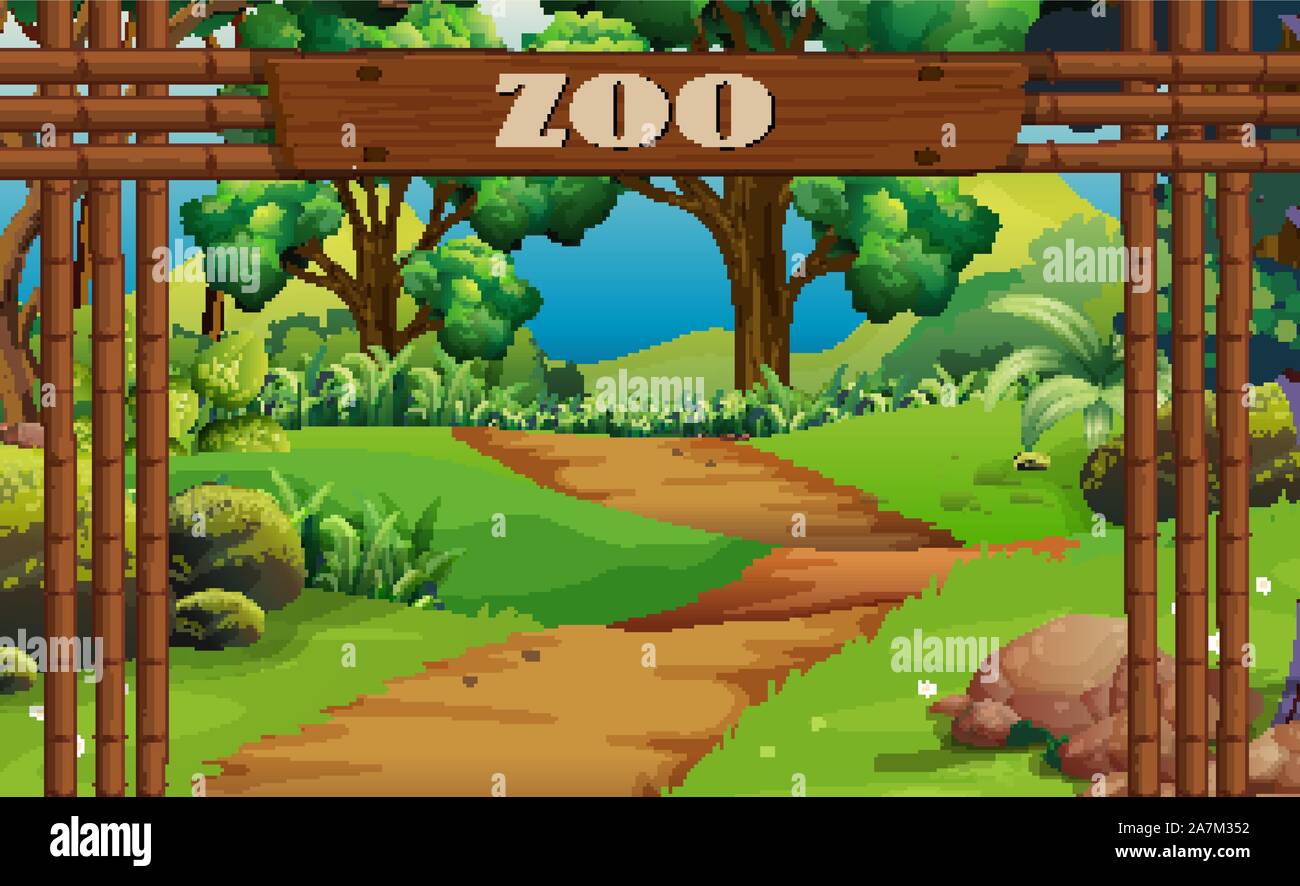 Background scene of zoo with sign and trail illustration Stock Vector ...