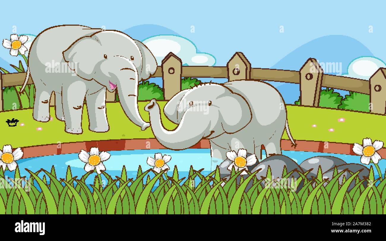 Scene with elephants in the river illustration Stock Vector Image & Art ...