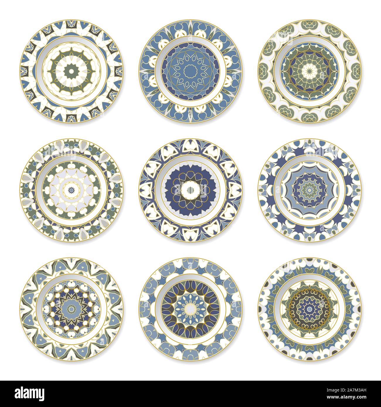 Set of nine decorative plates with a circular colored pattern, top view ...