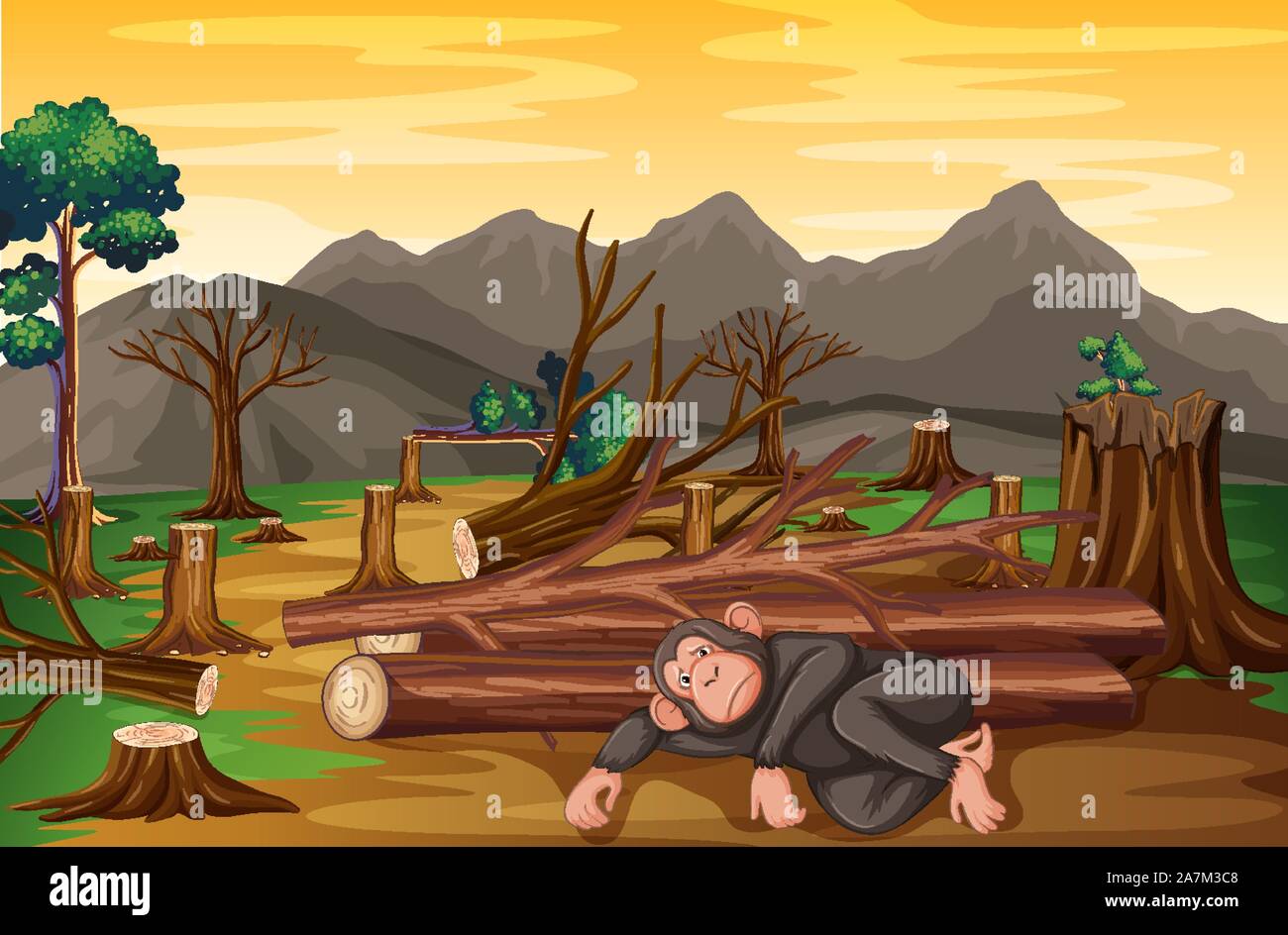 Background scene with monkey and deforestation illustration Stock ...