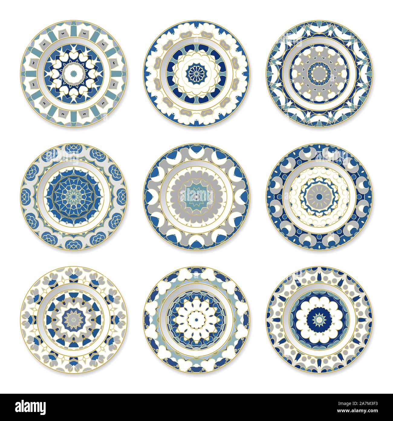 Set of nine decorative plates with a circular colored pattern, top view ...