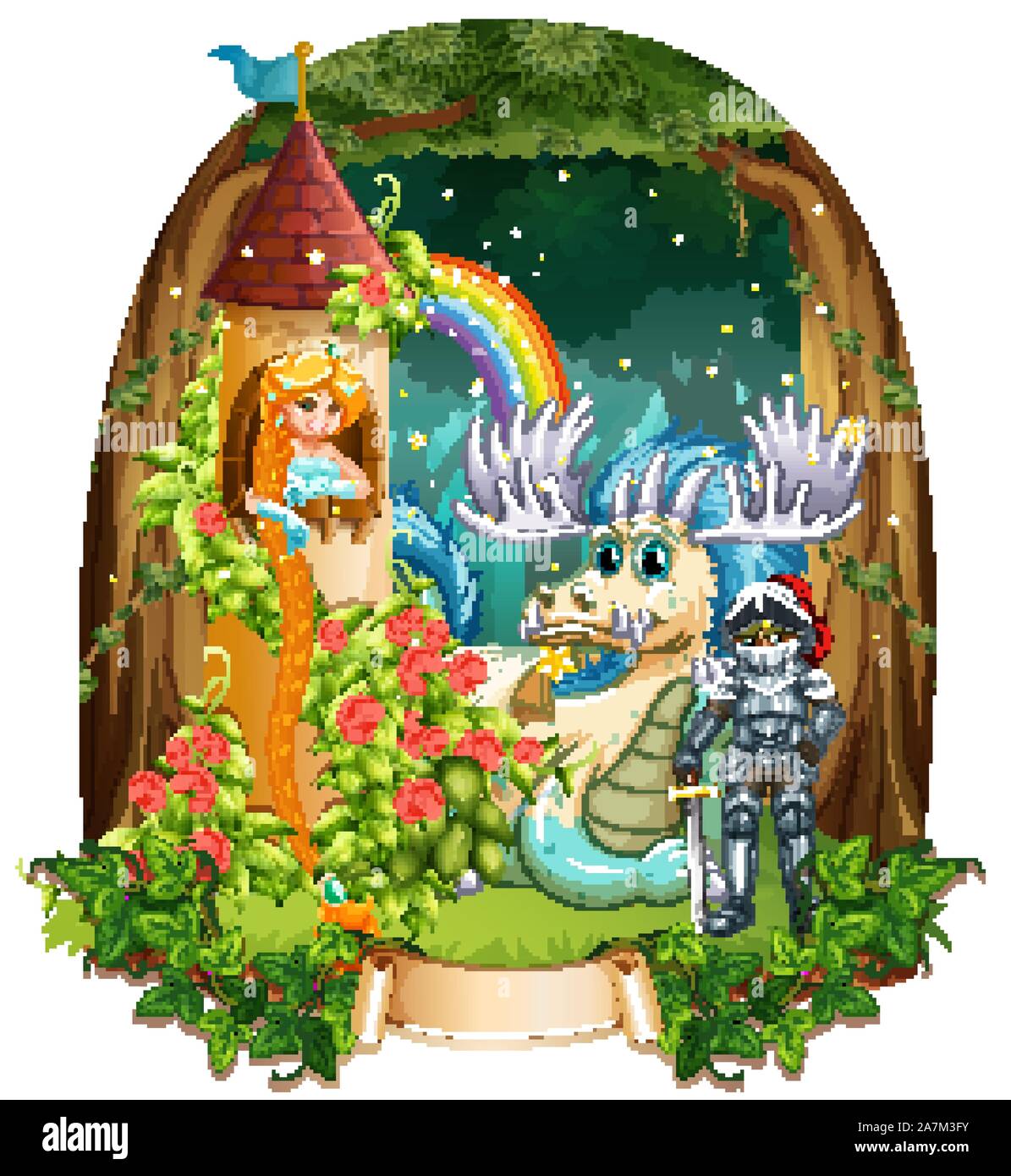 Background scene of forest with knight and dragon illustration Stock ...