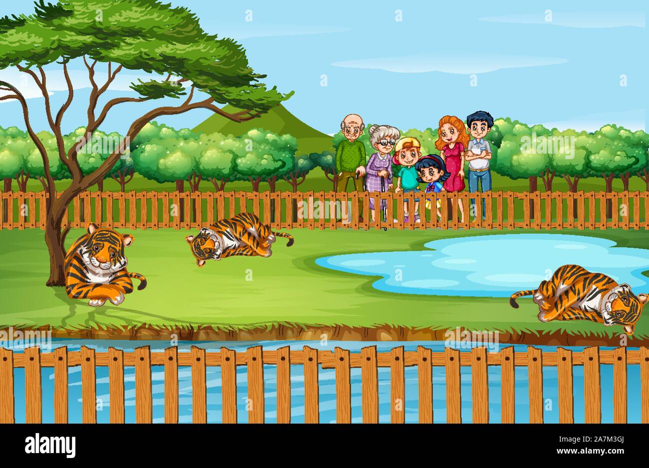 Scene with animals and people at the zoo illustration Stock Vector ...