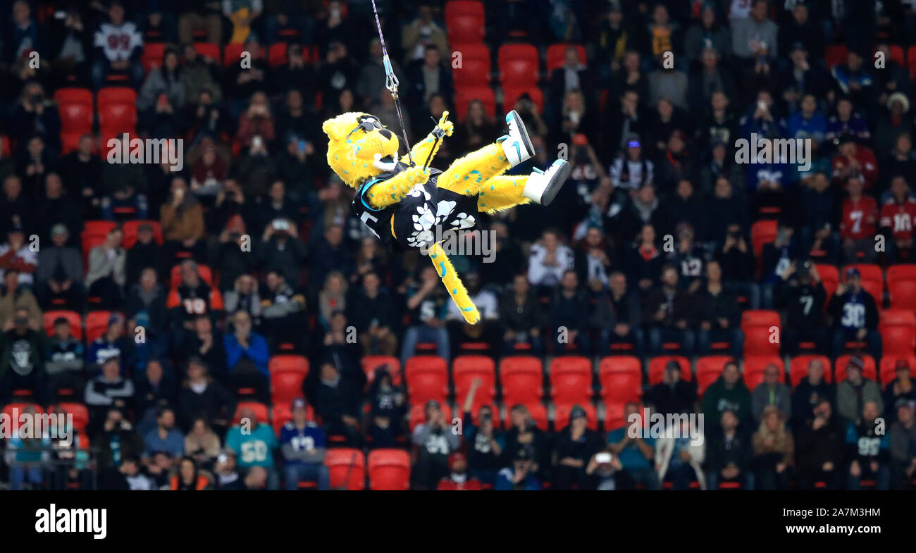 Jacksonville Jaguars mascot Jackson drops down into the arena prior to ...