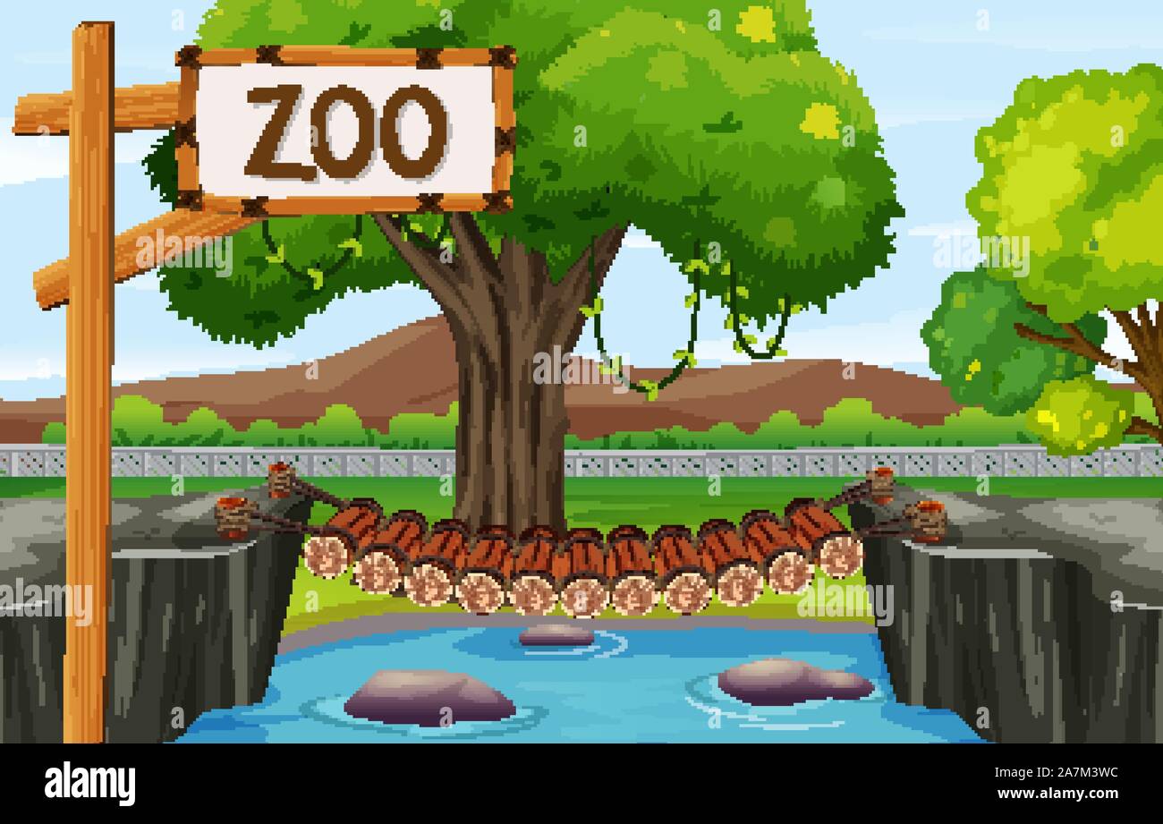 Background scene of zoo with wooden bridge illustration Stock Vector ...