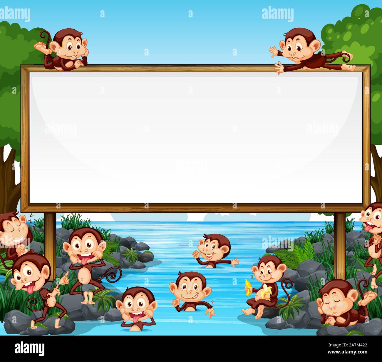 Border template design with cute monkeys in forest illustration Stock ...