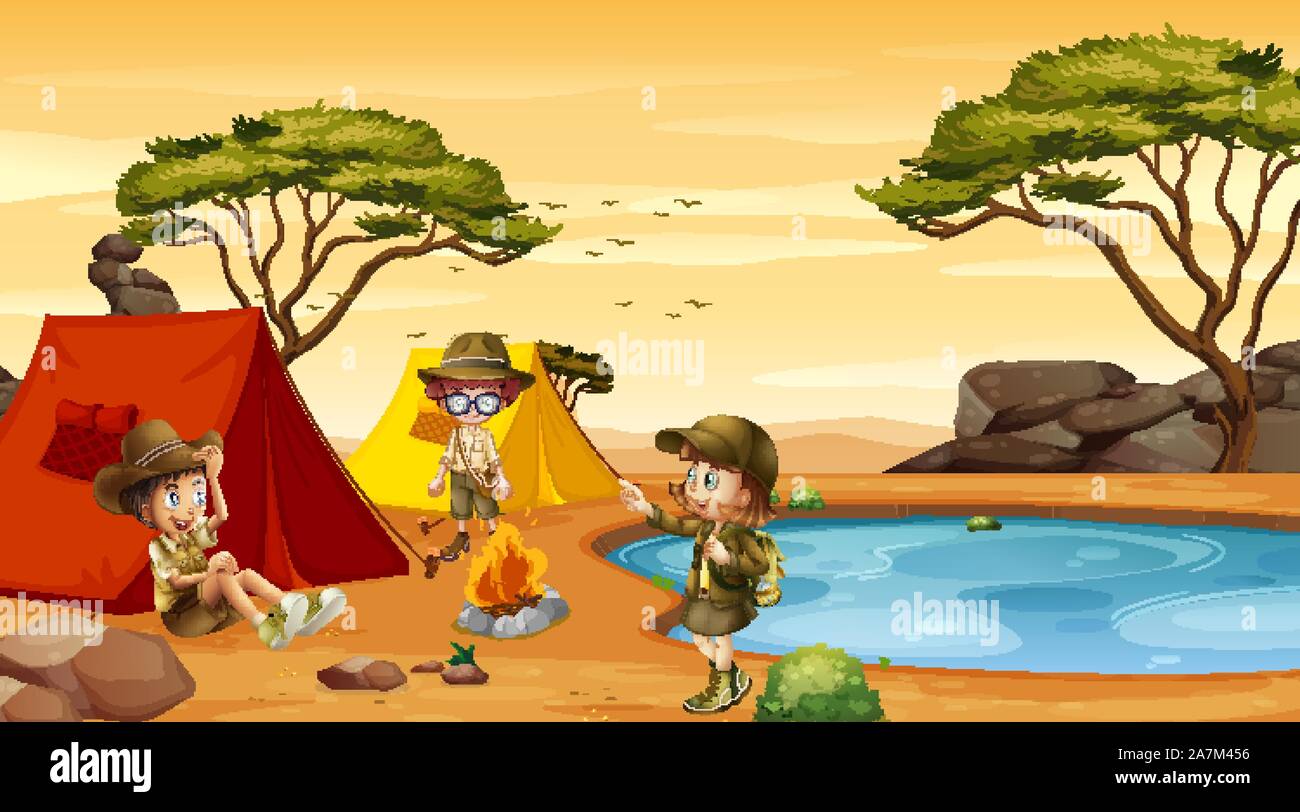 Scene with kids camping in desert field illustration Stock Vector Image ...