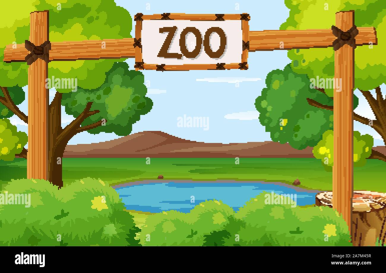 Background scene of zoo park with pond in the field illustration Stock ...