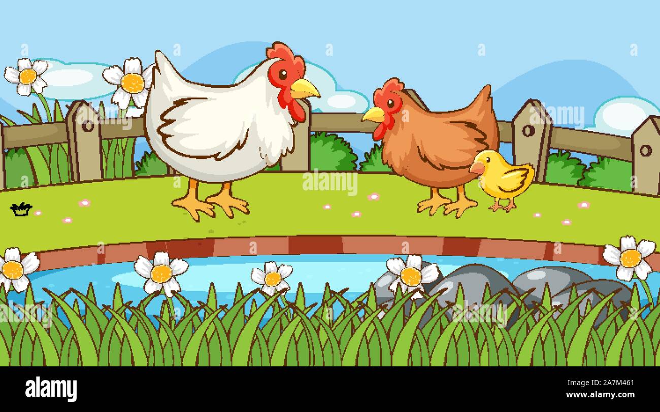 Scene with chicken on the farm illustration Stock Vector Image & Art ...