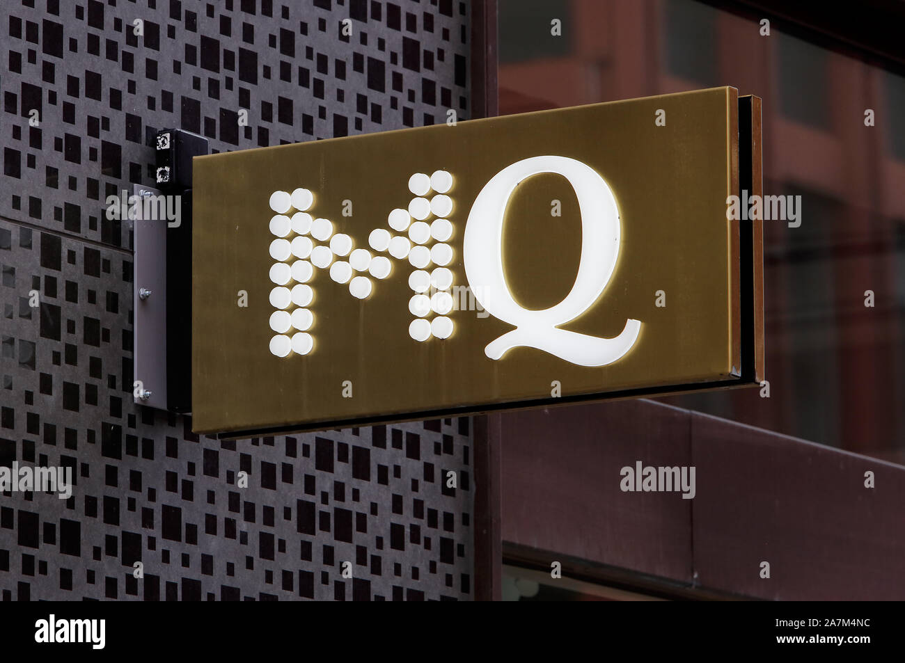 Stockholm, Sweden - September 10, 2019: Close-up of the sign and logo outside the clothes and ...