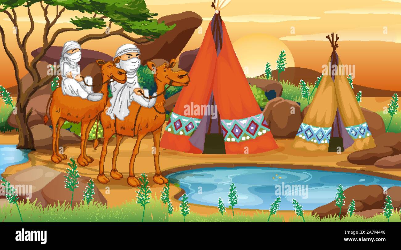 Scene with people riding camels in desert illustration Stock Vector ...