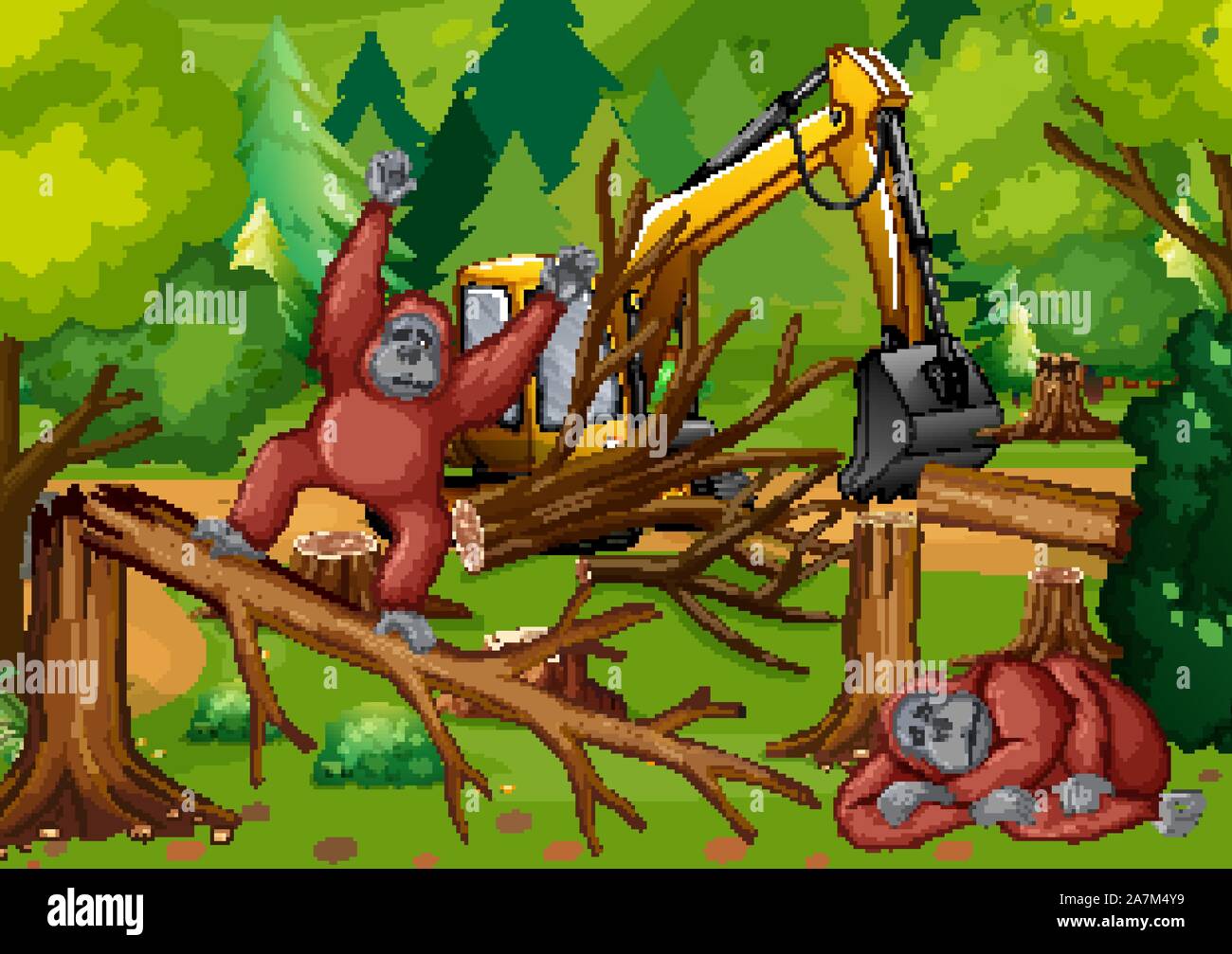 Deforestation scene with monkey and tractor illustration Stock Vector ...