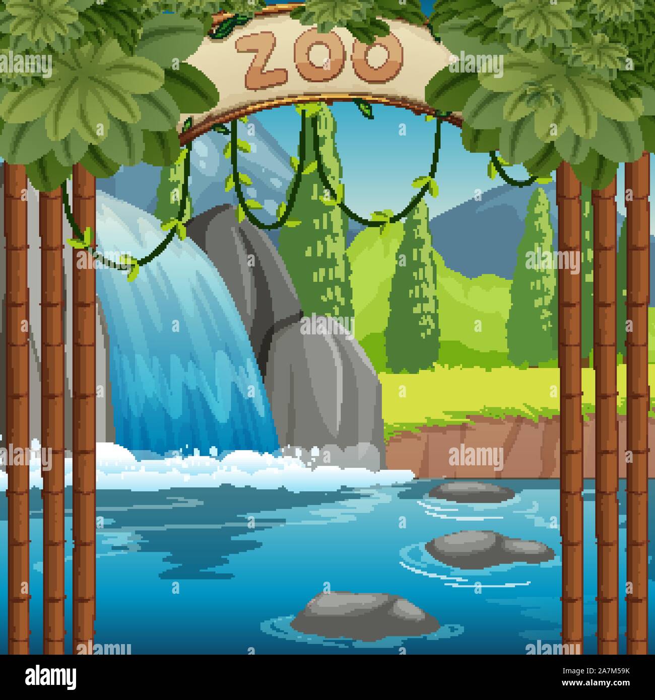 Background scene of zoo park with waterfall illustration Stock Vector ...
