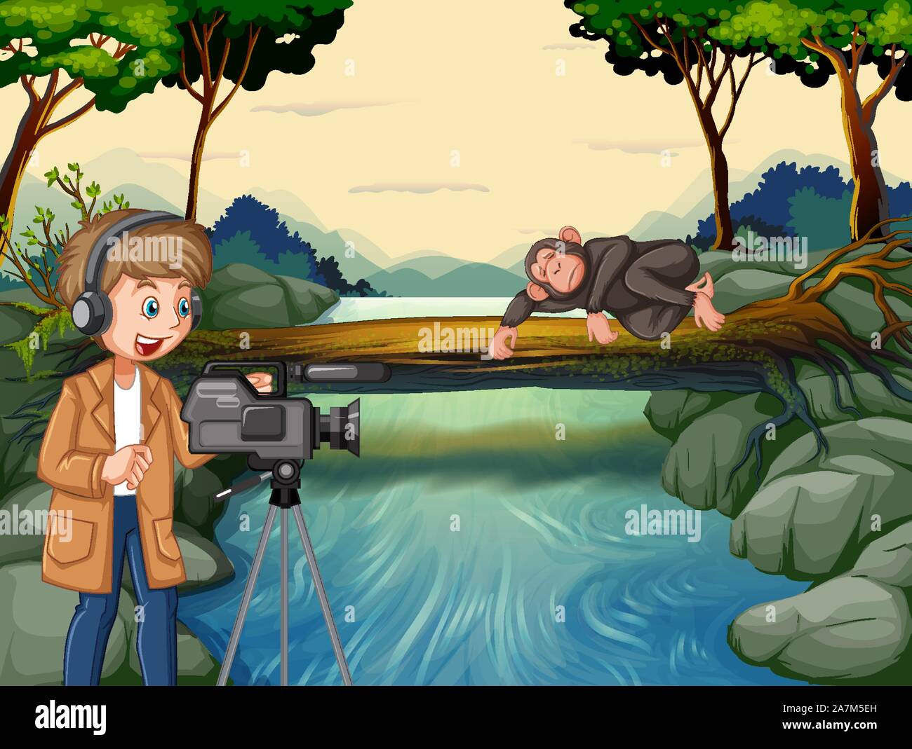 Scene with man filming in the woods illustration Stock Vector Image ...