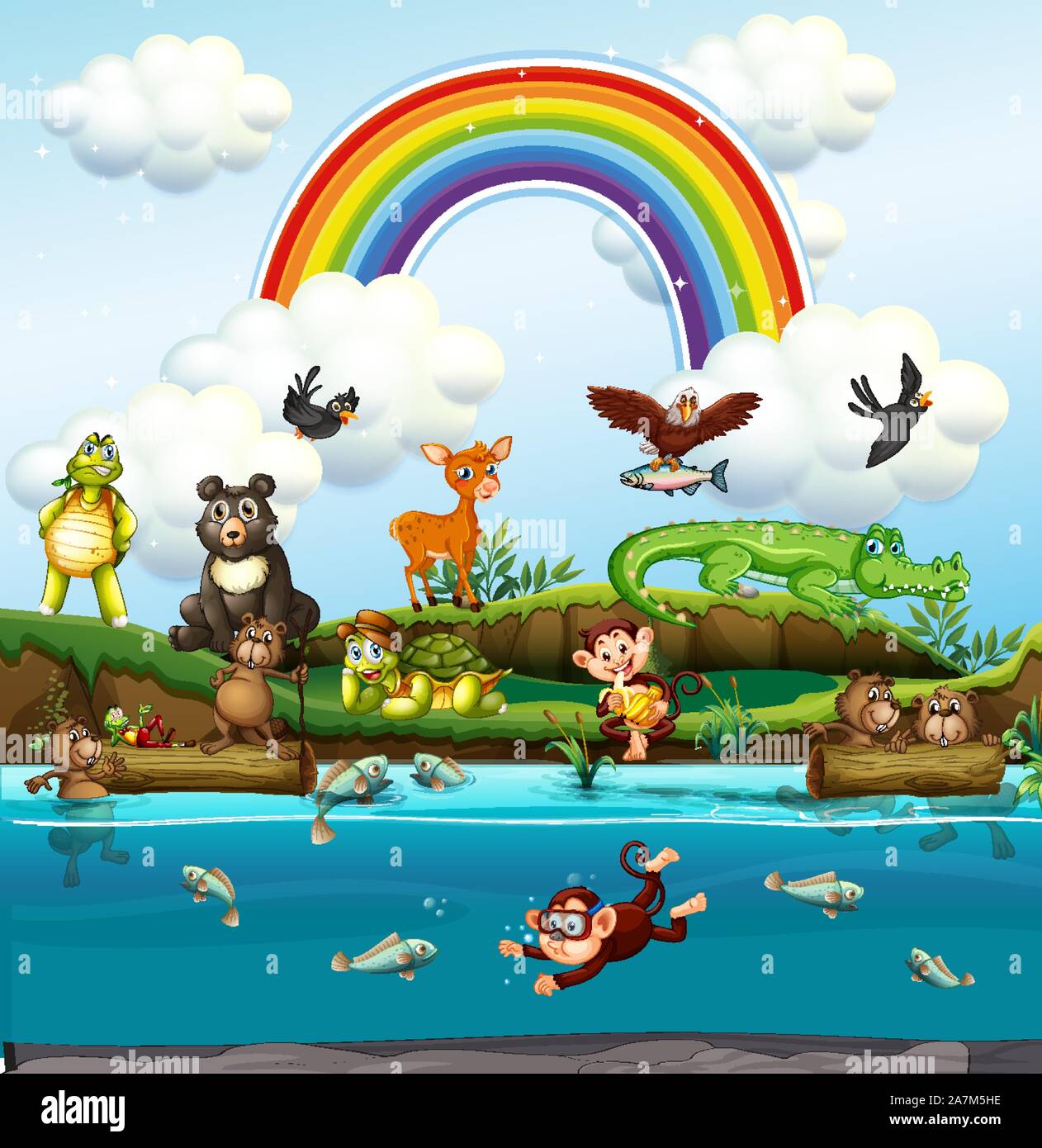 Many cute animals by the river illustration Stock Vector Image & Art ...