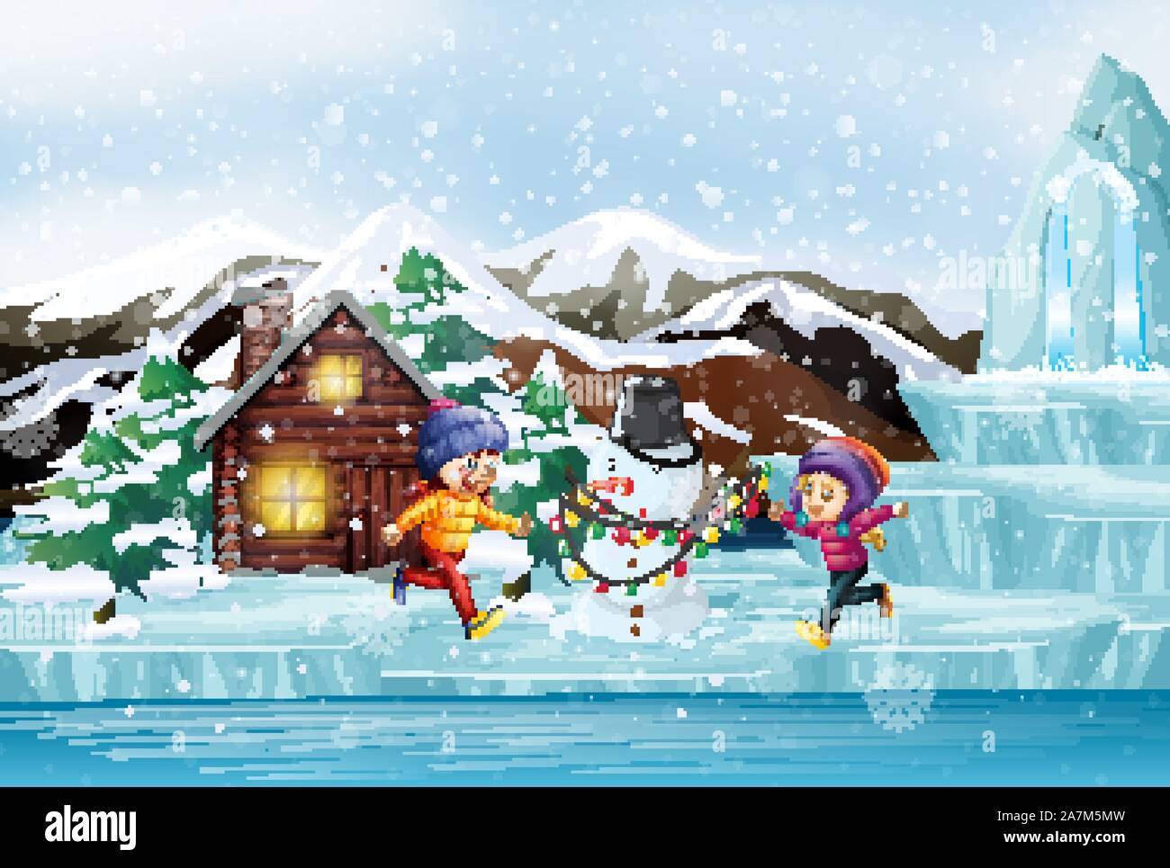 Christmas scene with two kids and snowman illustration Stock Vector ...