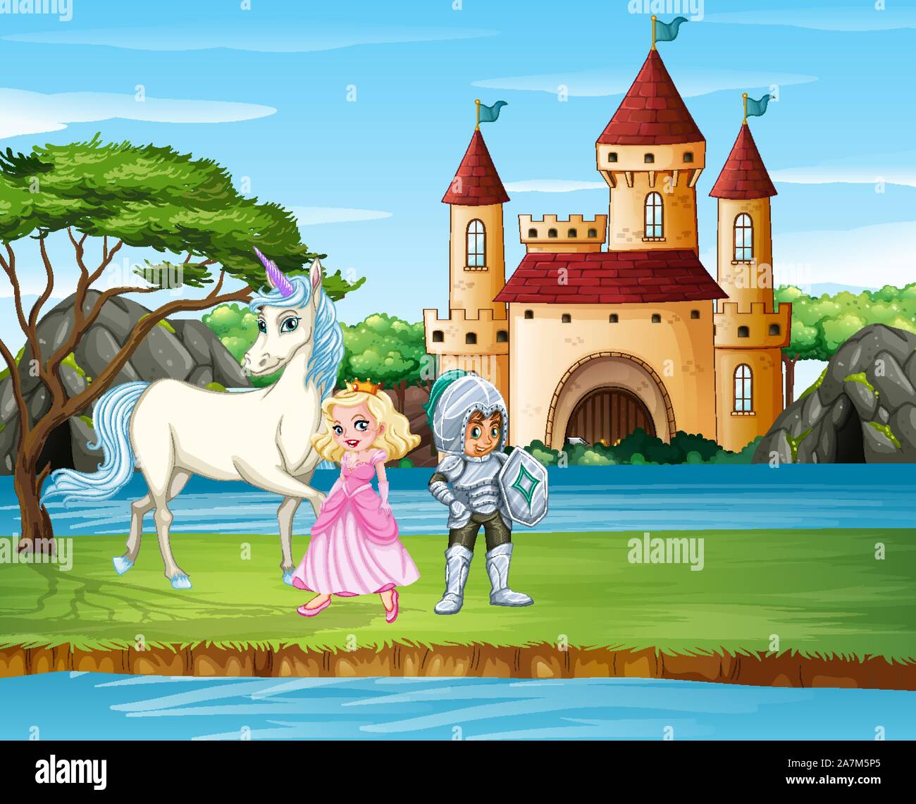 Scene with knight and princess by the castle illustration Stock Vector ...