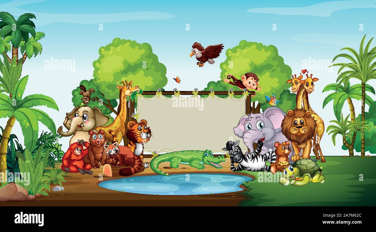 Cute animals at the zoo with blank sign illustration Stock Vector Image ...