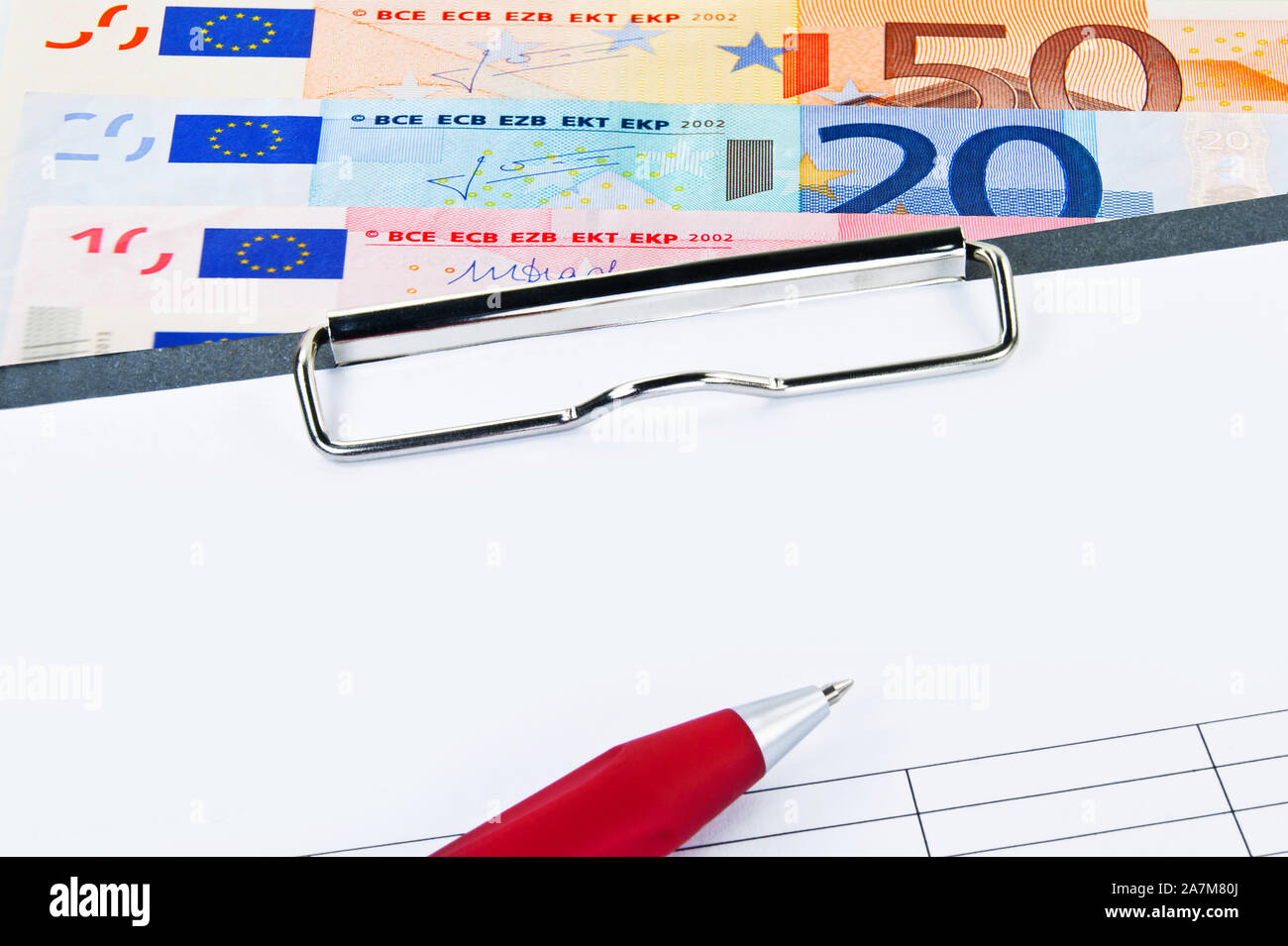 Euro Cash with clipboard and ball pen Stock Photo - Alamy
