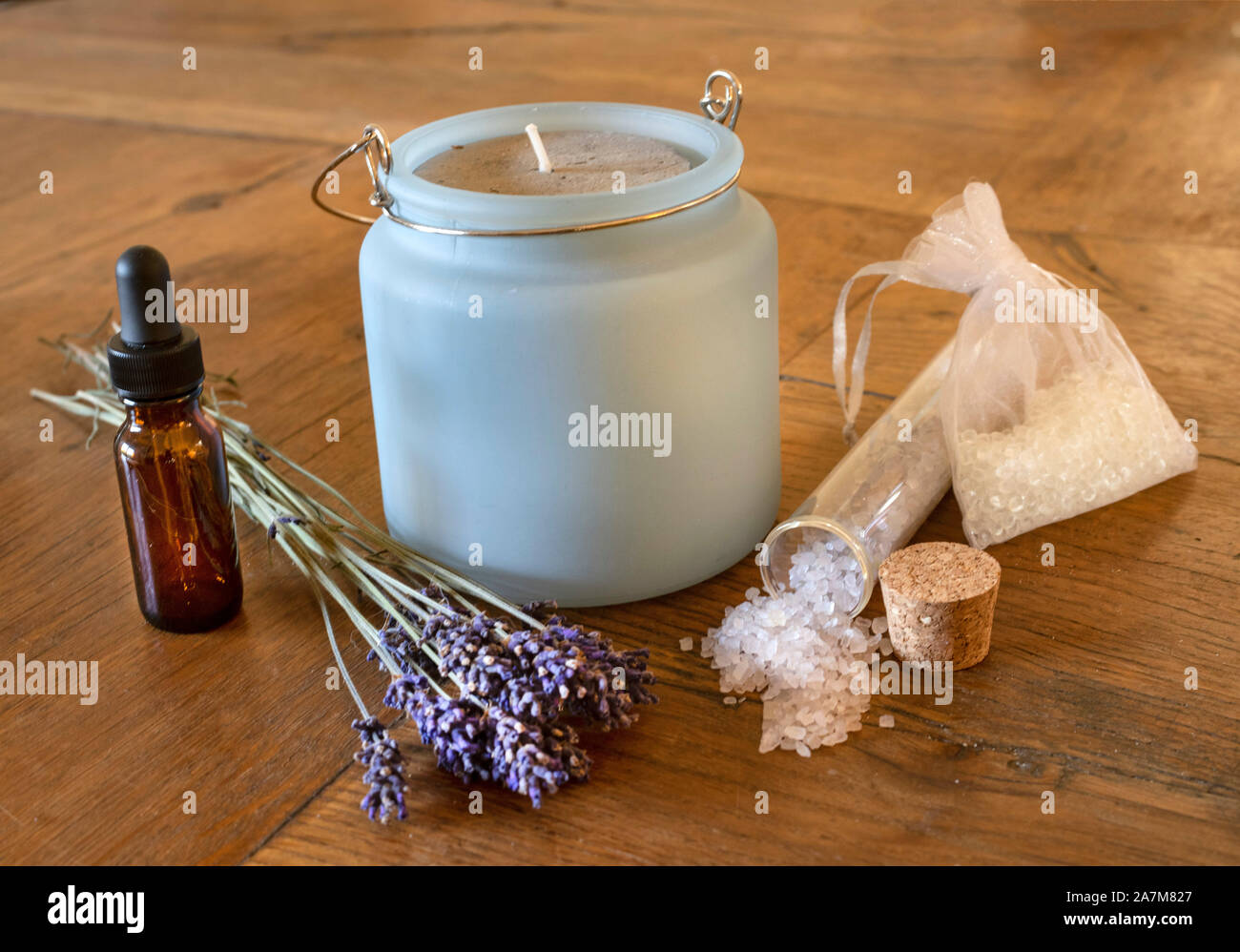 bath salts and lavender on a wood table Stock Photo - Alamy