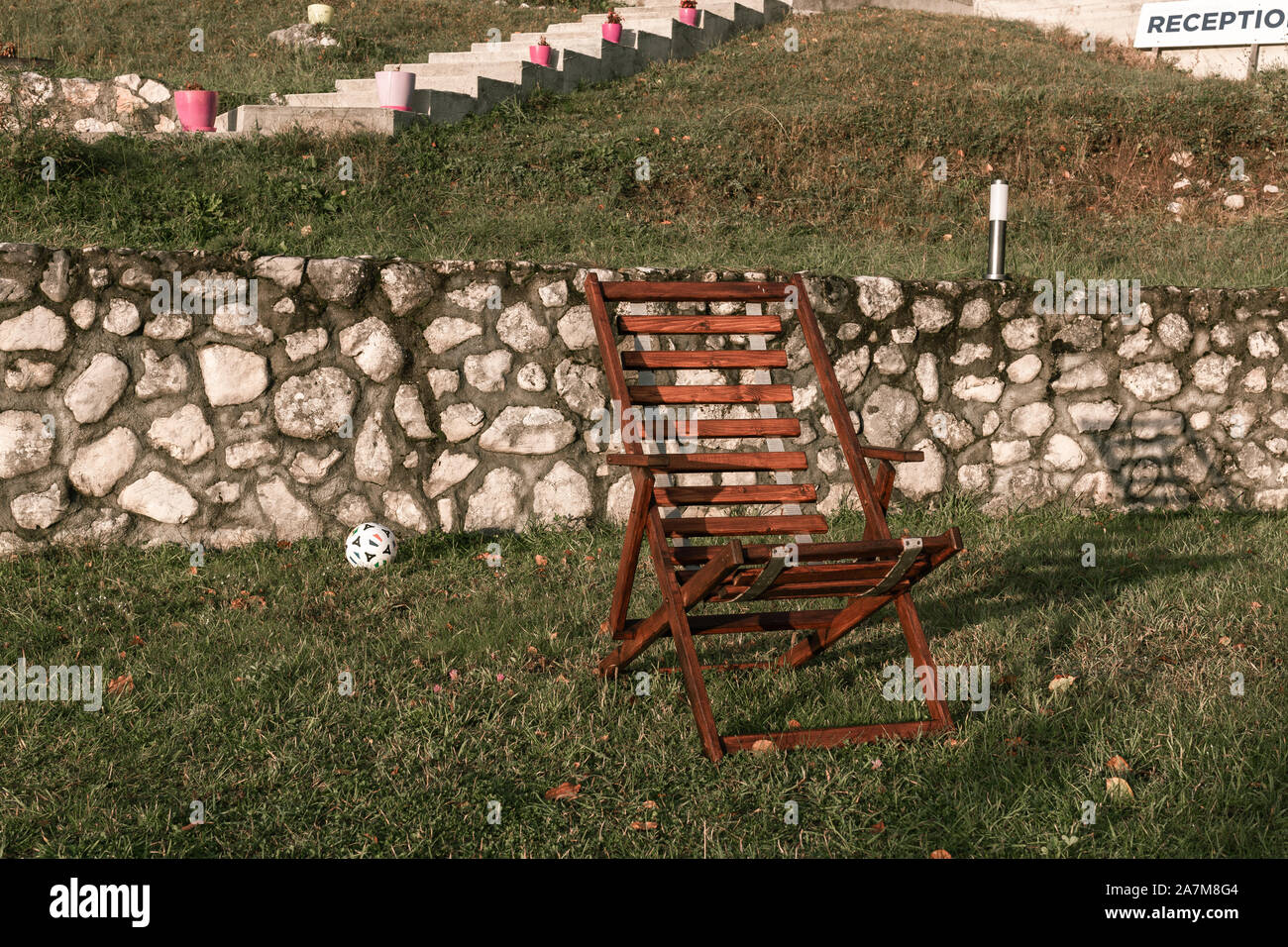 Wooden chair at back yard. Vocation time Stock Photo - Alamy