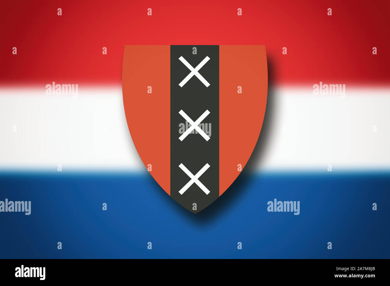 The coat of arms of Amsterdam and the blurred flag of the Netherlands ...