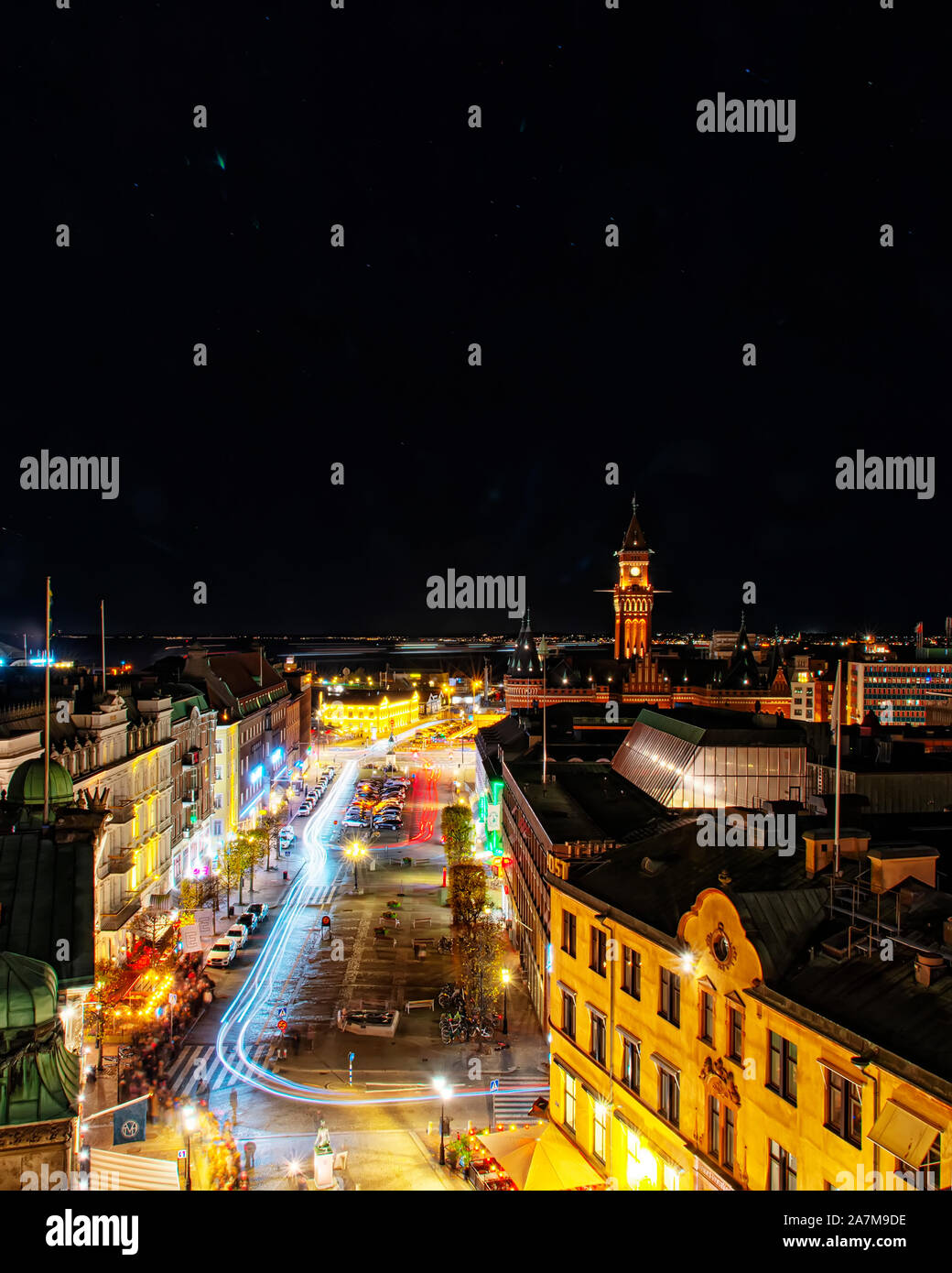 HELSINGBORG, SWEDEN - OCTOBER 29, 2019: Nightime street scene from ...