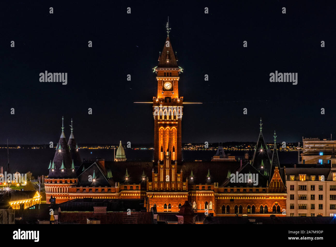 The neogothic style town hall building at night in Helsingborg, Sweden ...
