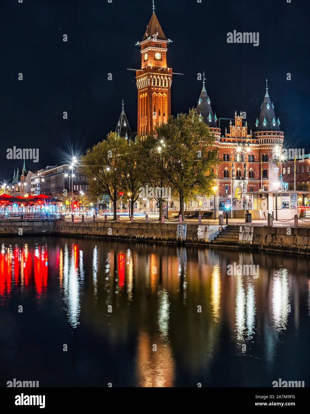 The neogothic style town hall building at night in Helsingborg, Sweden ...