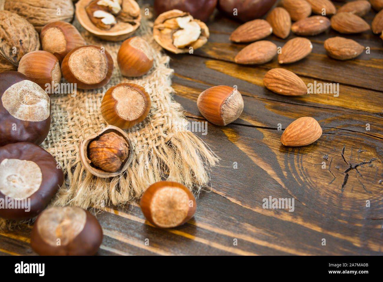 Mix of different nuts on a rustic background. Close-up photo with copy ...